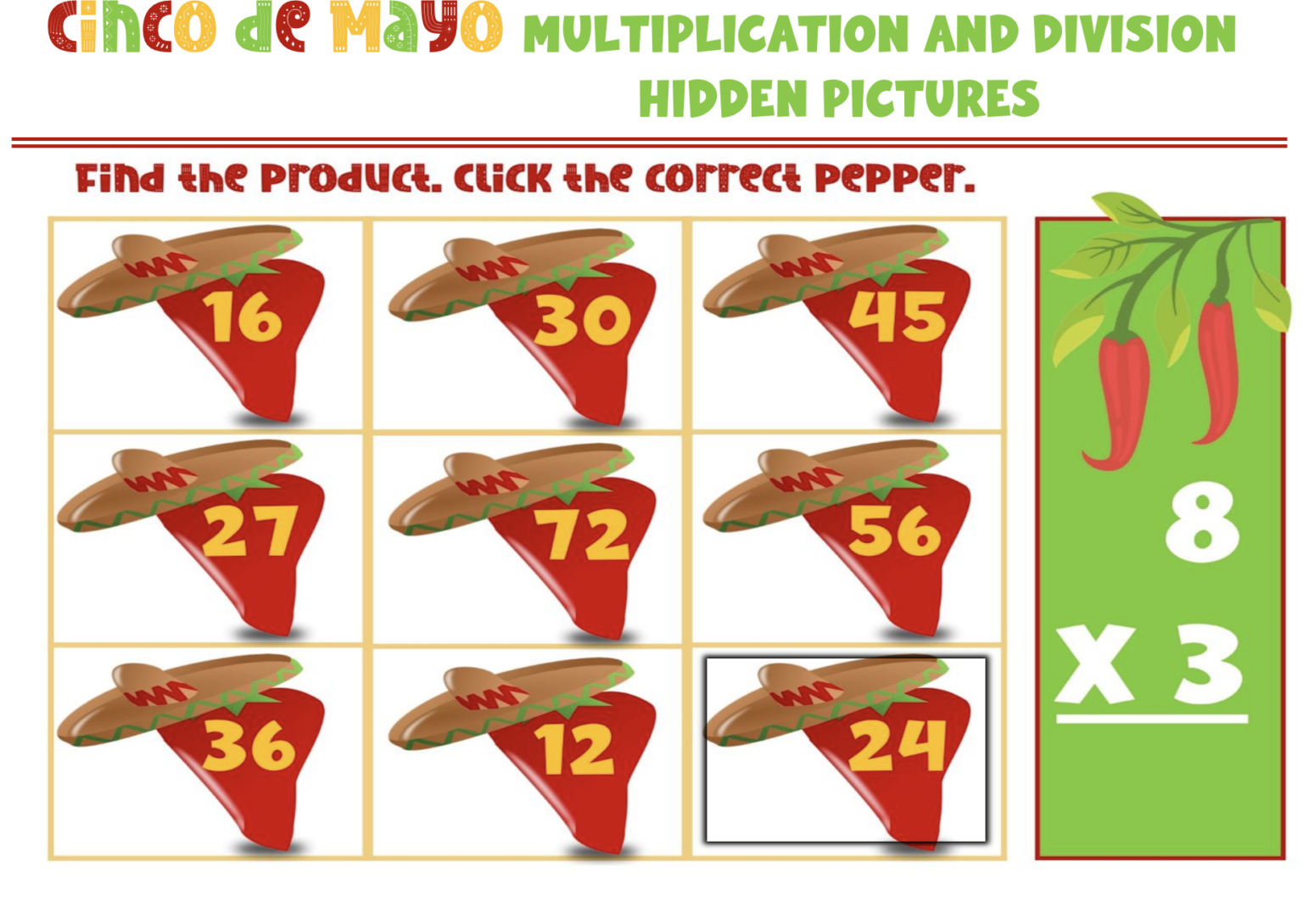 Cinco de Mayo Multiplication and Division Hidden Pictures within 100 ...