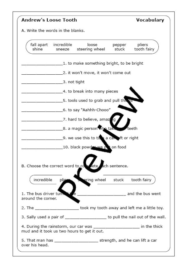 Robert Munsch "Andrew's Loose Tooth" worksheets | Made By Teachers