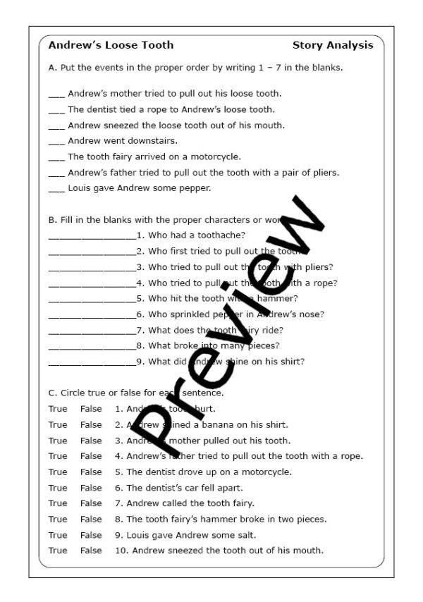 Robert Munsch "Andrew's Loose Tooth" worksheets | Made By Teachers