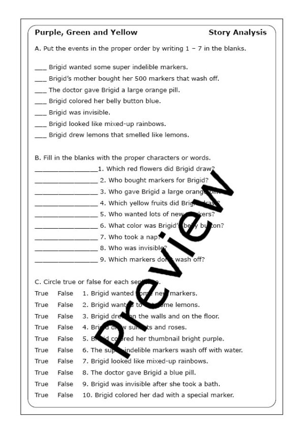 Robert Munsch "Purple, Green and Yellow" worksheets | Made By Teachers