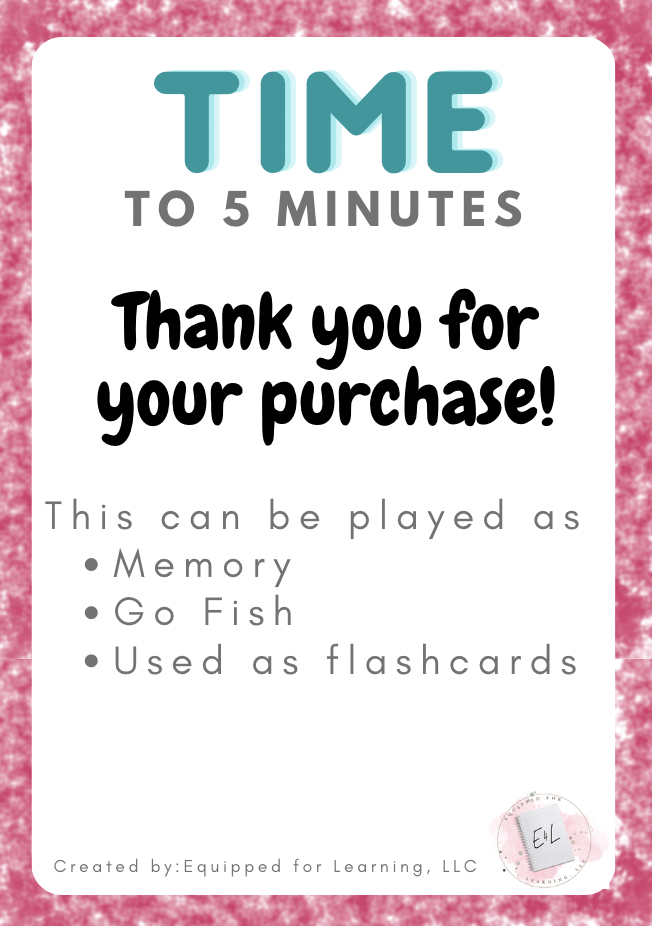 Telling Time to the 5 Minutes Memory Game with Assessment | Made By ...