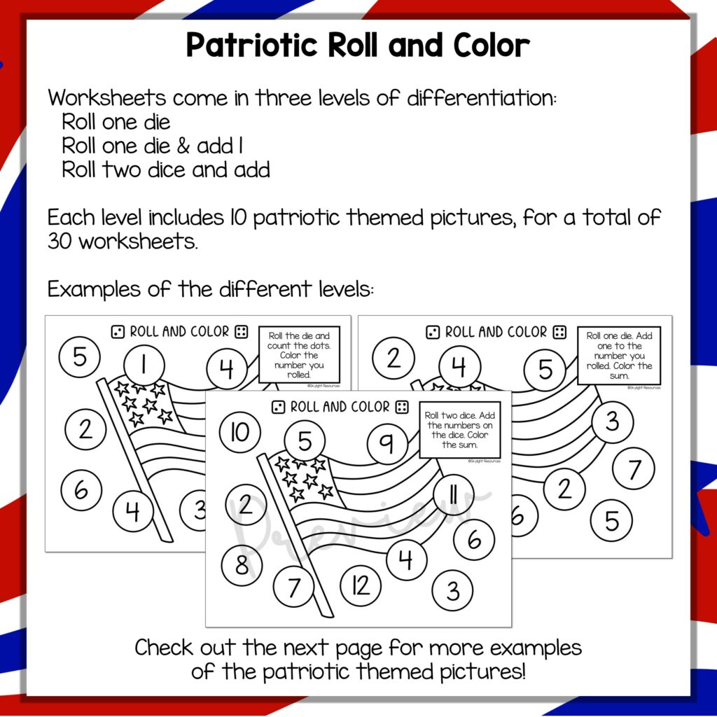 Patriotic Roll and Color | Number Recognition, Counting and Addition ...