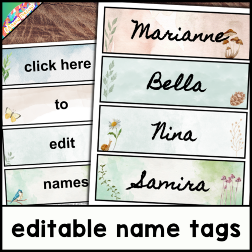 Editable Teacher Classroom Supply Name Tags Template Woodland Neutral ...