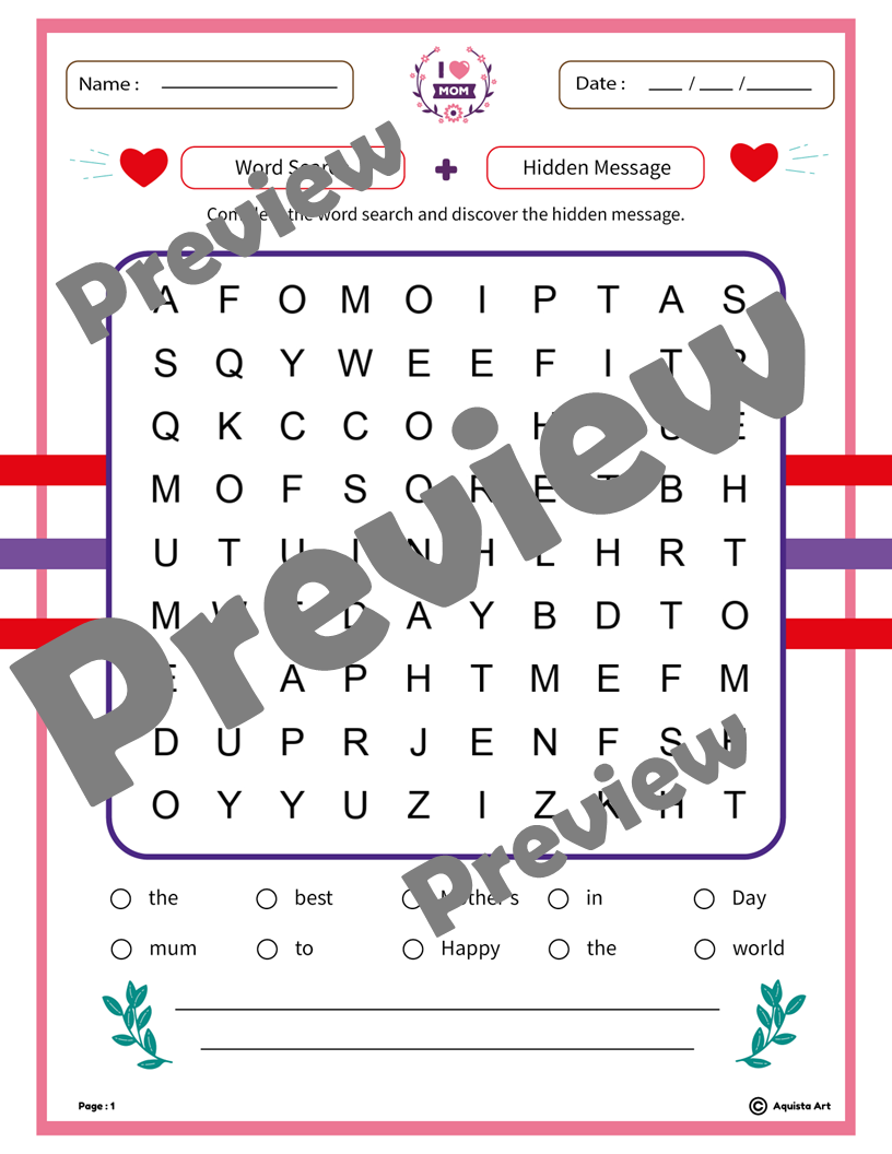 Mother's Day Hidden Message and Word Search : Find the Words, Reveal ...