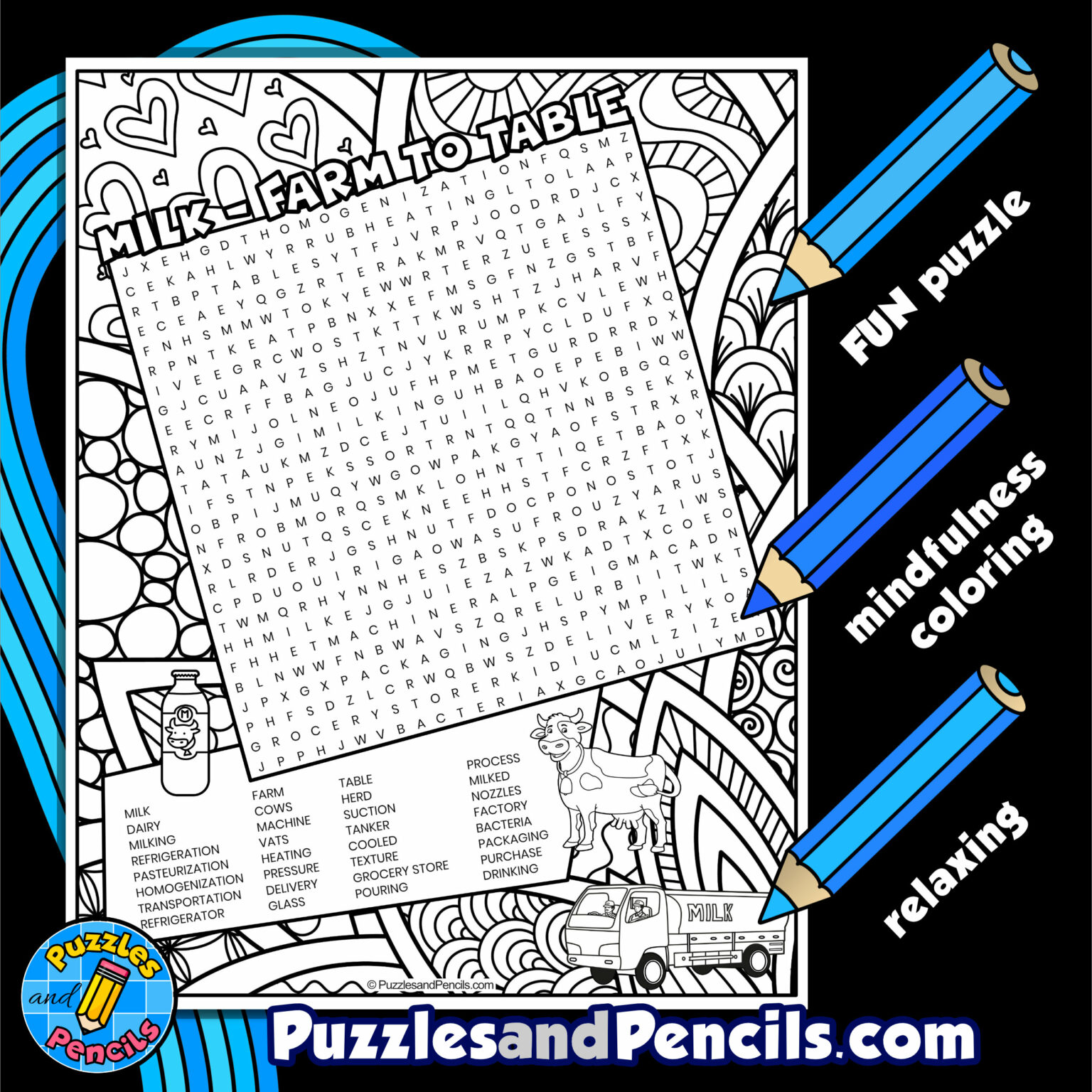 Farm to Table - Milk Word Search Puzzle with Coloring | Wordsearch ...