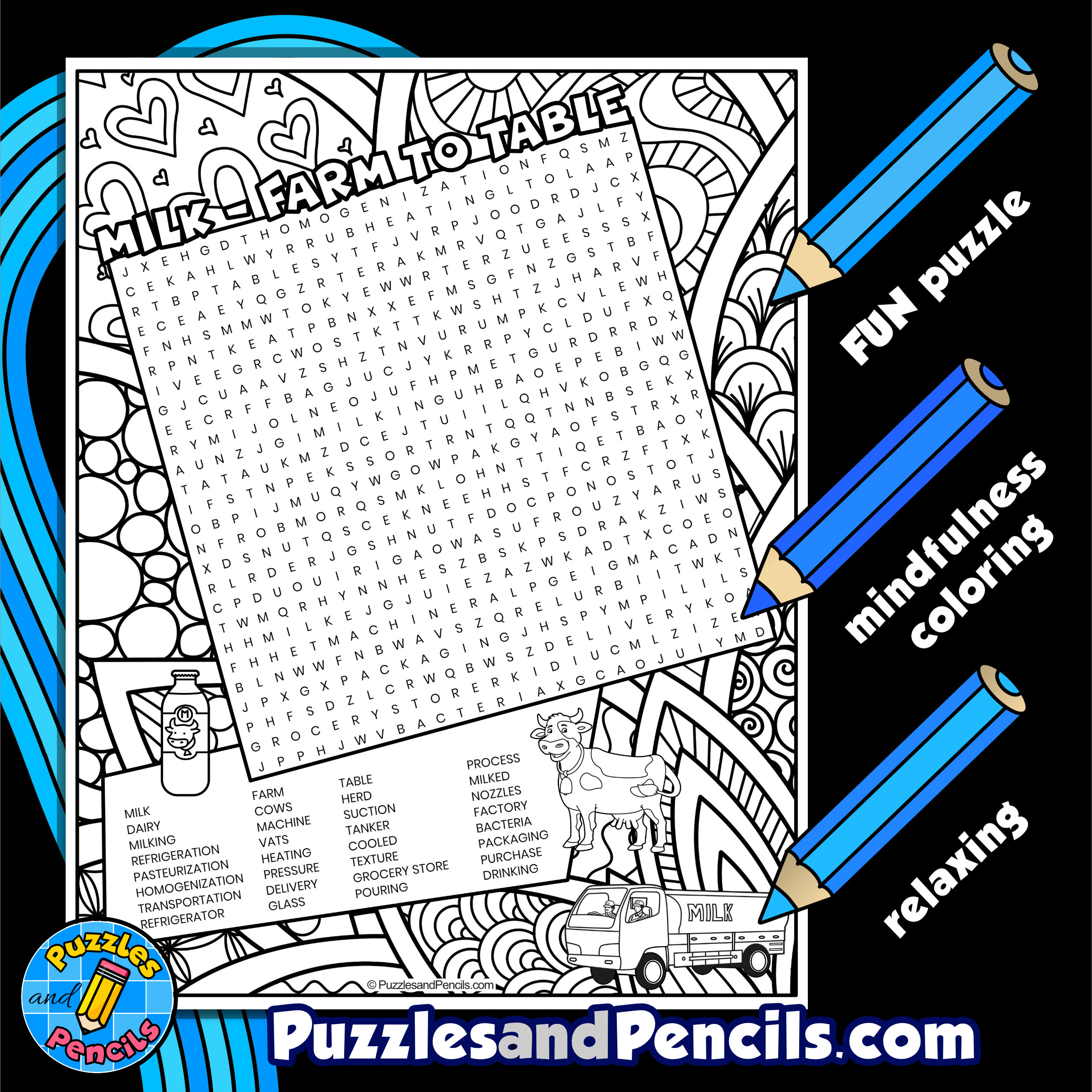 Farm to Table - Milk Word Search Puzzle with Coloring | Wordsearch ...