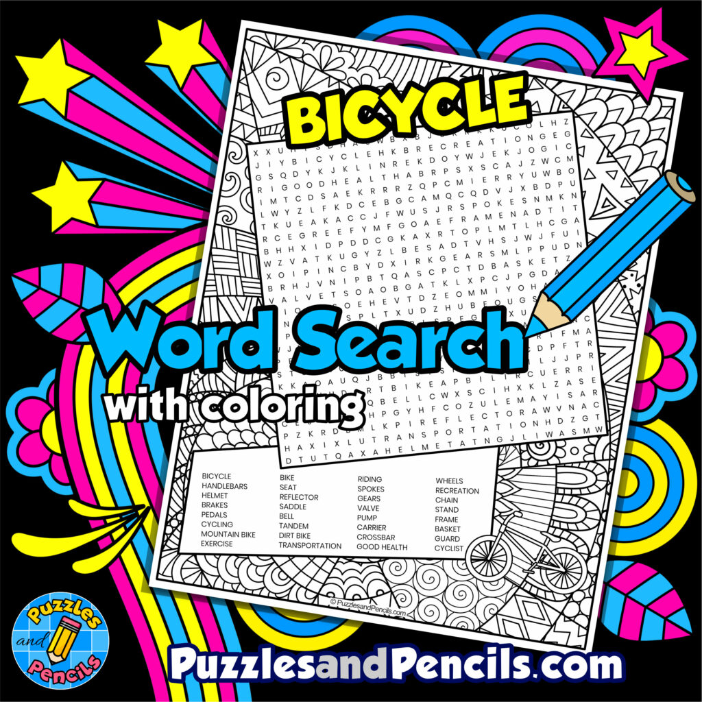 Bicycle Word Search Puzzle with Coloring | Bike Wordsearch | Made By ...
