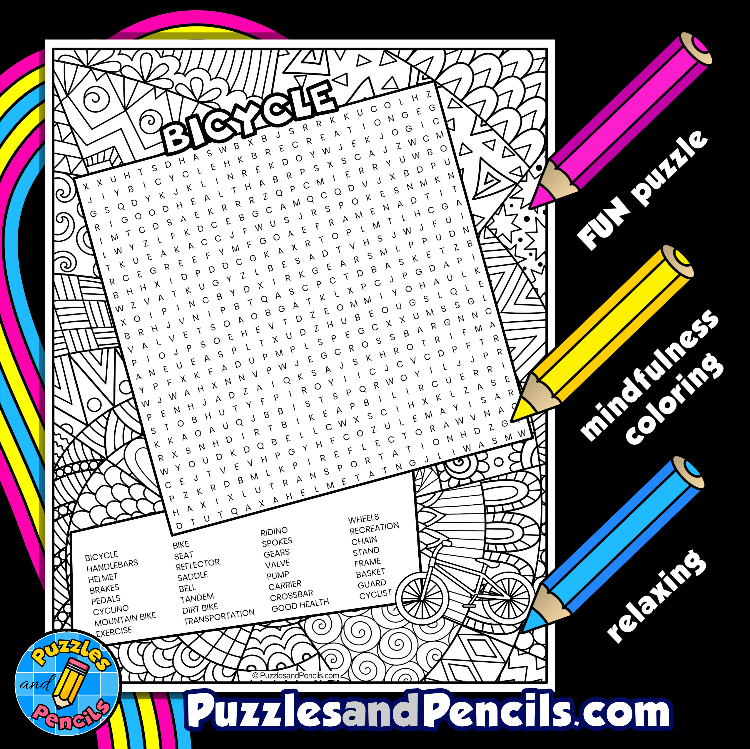 Bicycle Word Search Puzzle with Coloring | Bike Wordsearch | Made By ...
