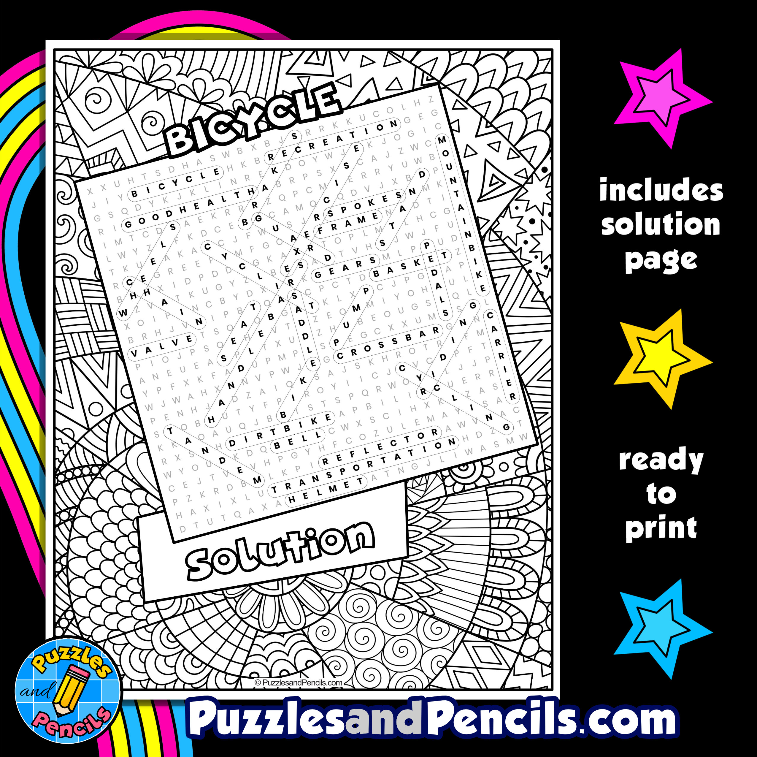 Bicycle Word Search Puzzle with Coloring | Bike Wordsearch | Made By ...