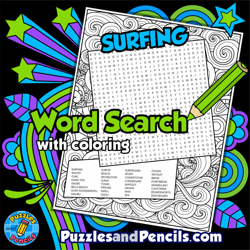 Surfing Word Search Puzzle with Coloring | Surfer Wordsearch | Made By ...