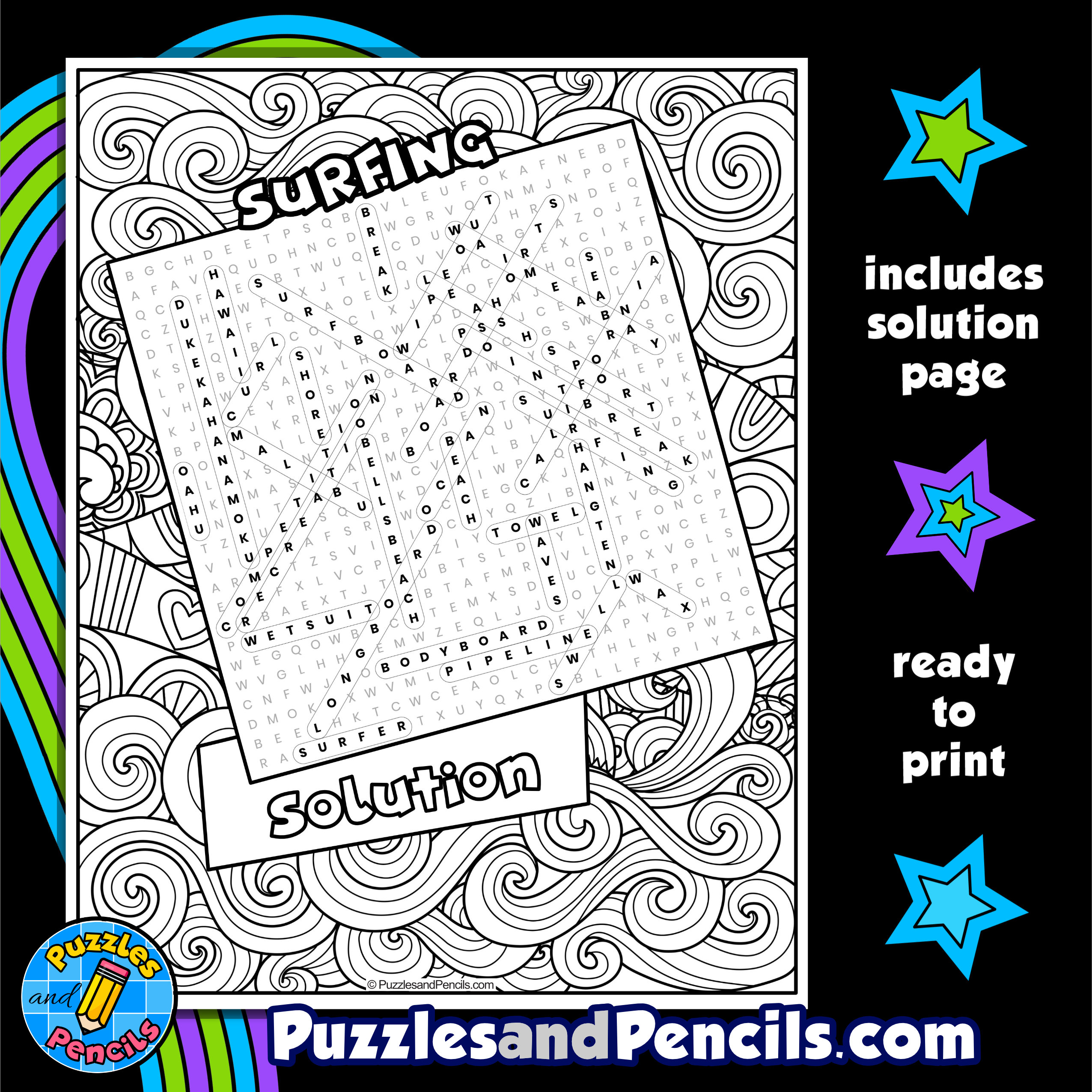 Surfing Word Search Puzzle with Coloring | Surfer Wordsearch | Made By ...