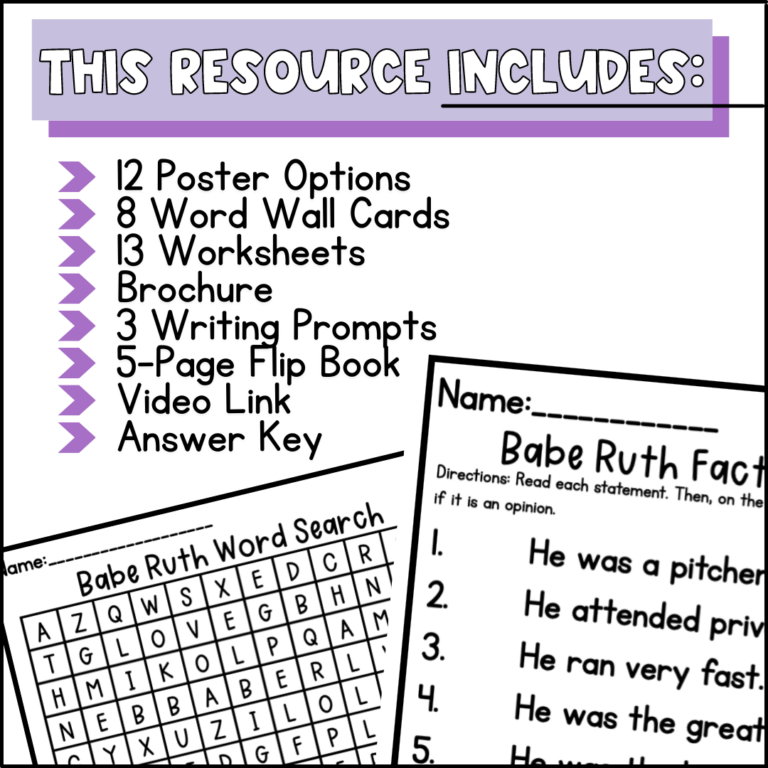 Babe Ruth Biography Activities, Worksheets, Report - Athlete Study ...