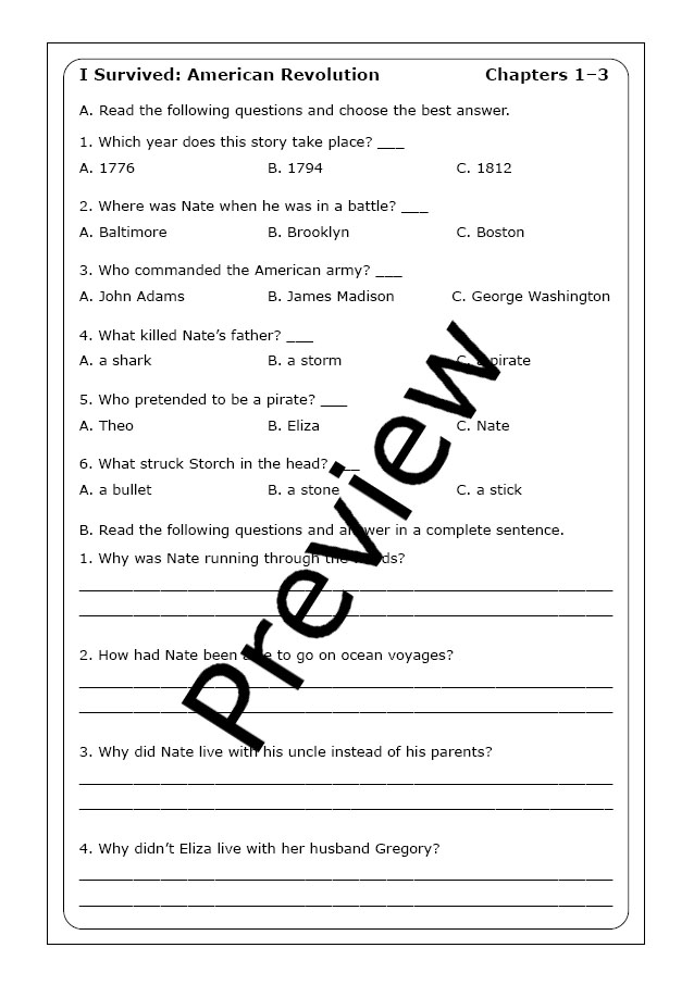 Lauren Tarshis "I Survived the American Revolution, 1776" worksheets ...