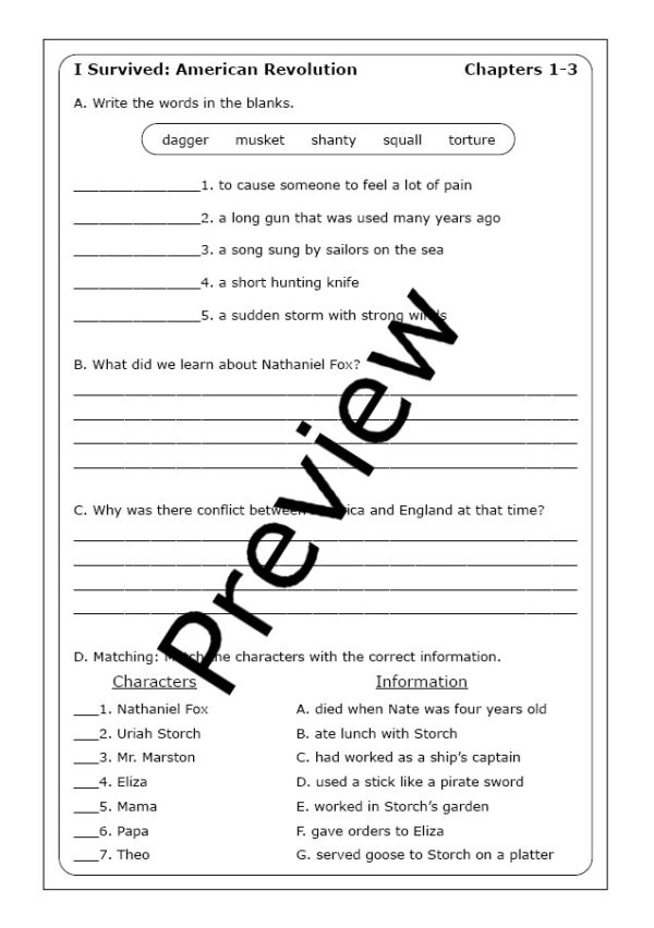 Lauren Tarshis "I Survived the American Revolution, 1776" worksheets ...