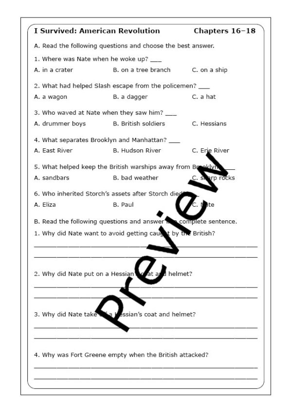 Lauren Tarshis "I Survived the American Revolution, 1776" worksheets ...
