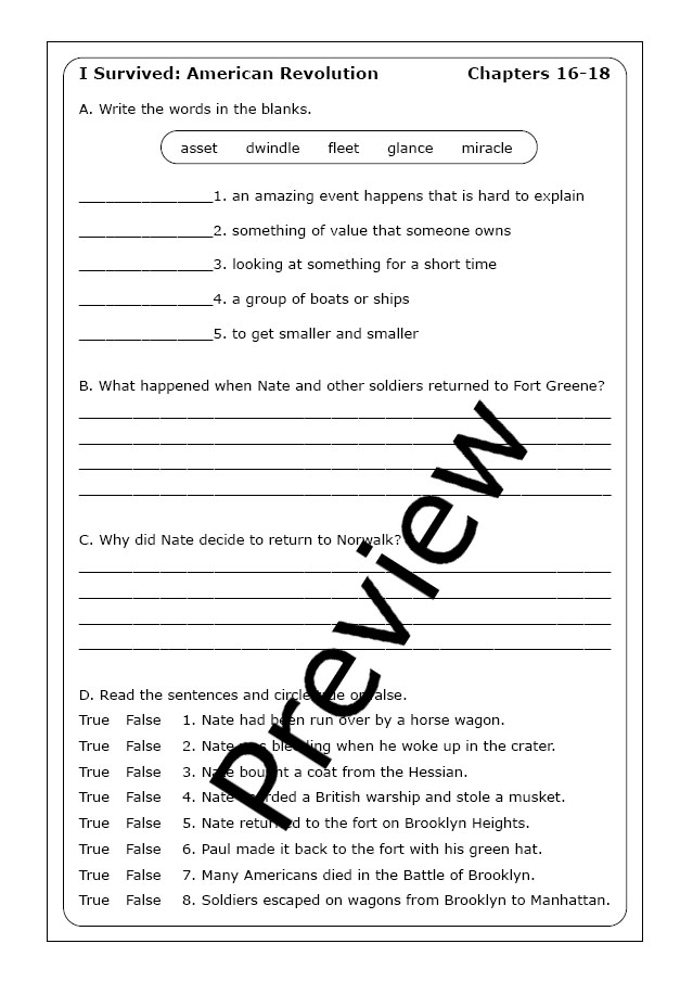Lauren Tarshis "I Survived the American Revolution, 1776" worksheets ...