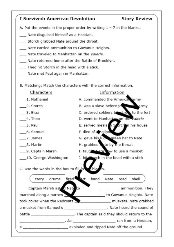 Lauren Tarshis "I Survived the American Revolution, 1776" worksheets ...