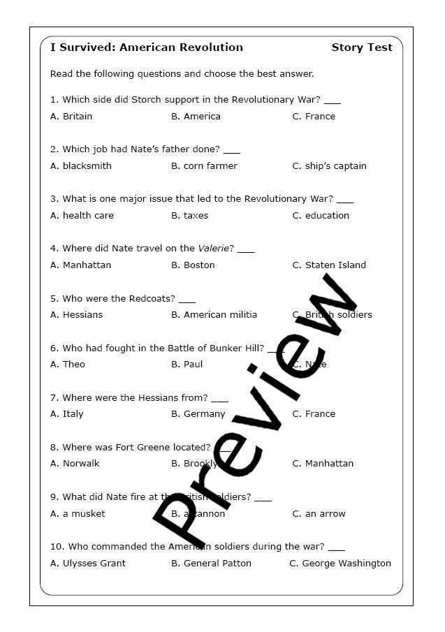 Lauren Tarshis "I Survived the American Revolution, 1776" worksheets ...