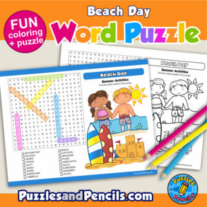 Beach Day Word Search Puzzle Activity Page and Coloring | Summer ...