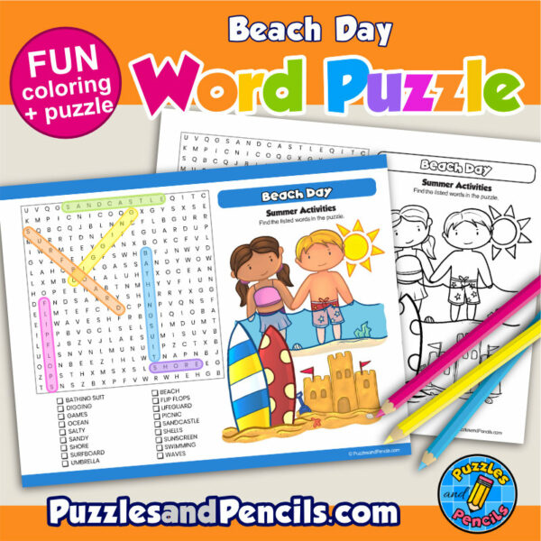 Beach Day Word Search Puzzle Activity Page and Coloring | Summer ...