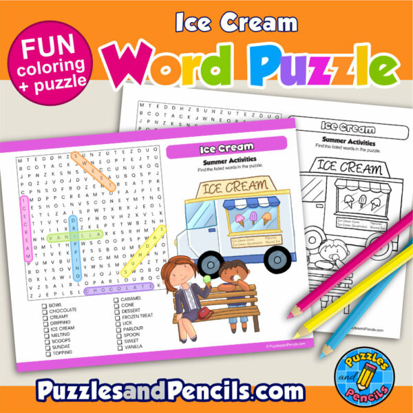 Ice Cream Word Search Puzzle Activity Page and Coloring | Summer ...