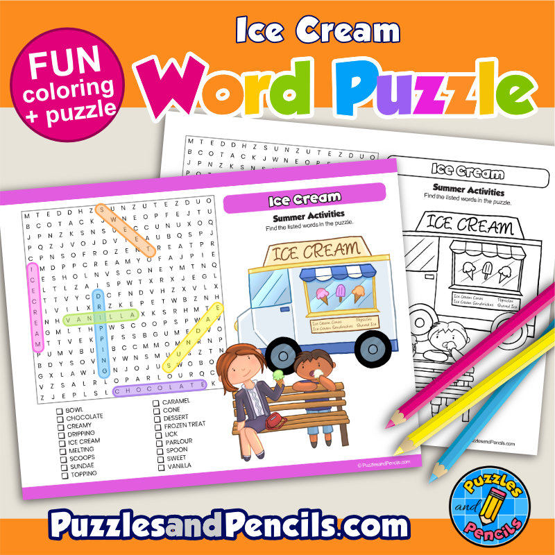 Ice Cream Word Search Puzzle Activity Page and Coloring | Summer ...