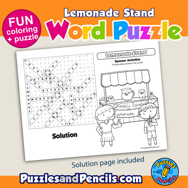 Lemonade Stand Word Search Puzzle Activity Page and Coloring | Summer ...
