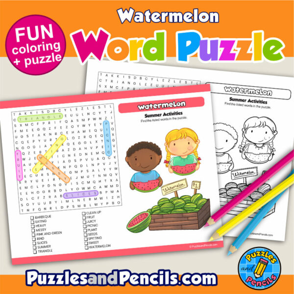 Watermelon Word Search Puzzle Activity Page and Coloring | Summer ...