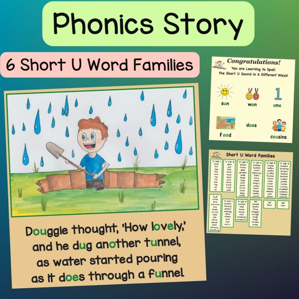 Phonics Story for 6 Short U Word Families + Spelling Activities, Chart ...