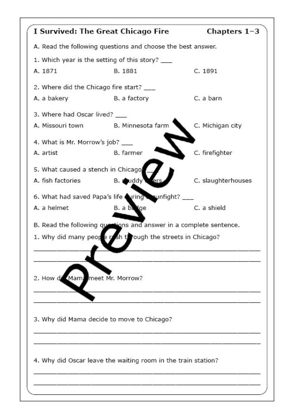 Lauren Tarshis "I Survived the Great Chicago Fire, 1871" worksheets ...