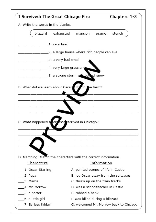 Lauren Tarshis "I Survived the Great Chicago Fire, 1871" worksheets ...