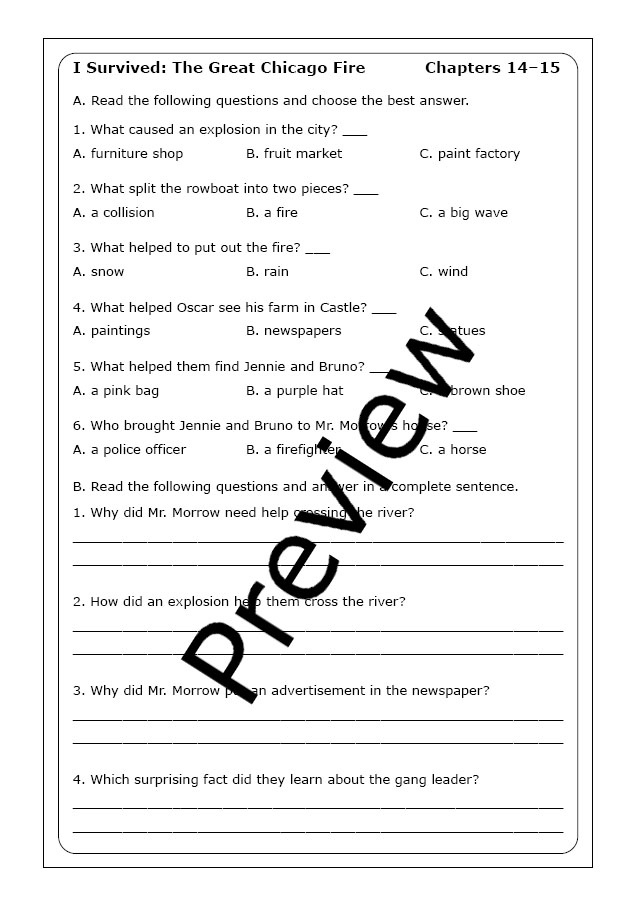 Lauren Tarshis "I Survived the Great Chicago Fire, 1871" worksheets ...