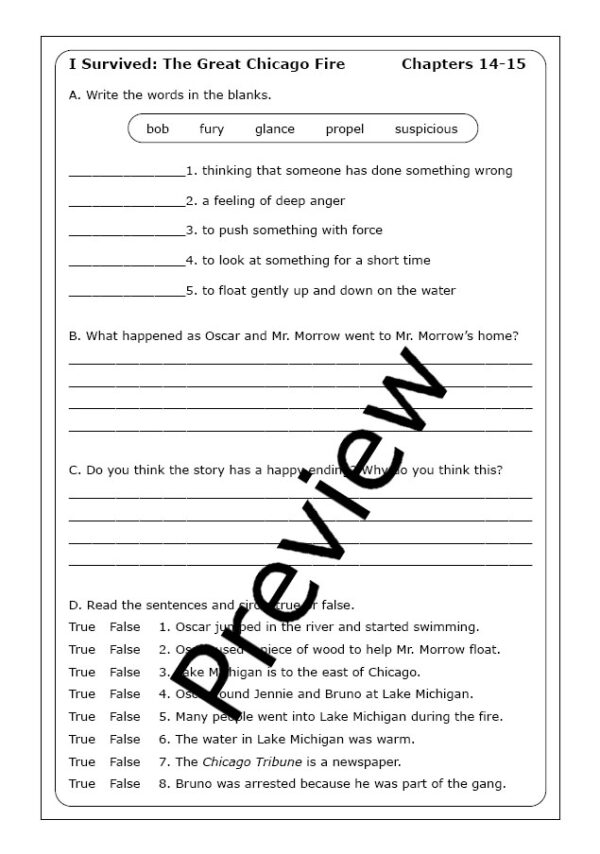 Lauren Tarshis "I Survived the Great Chicago Fire, 1871" worksheets ...