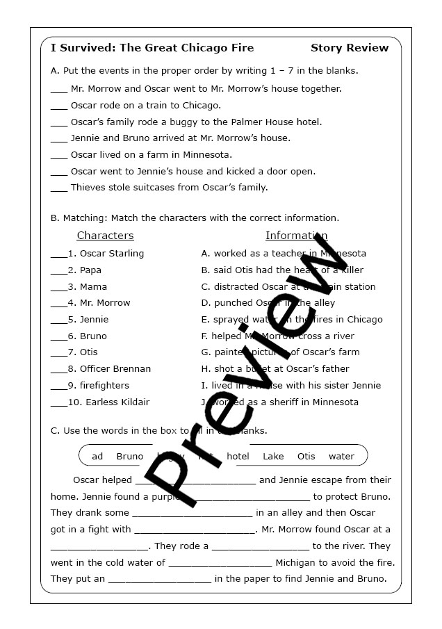 Lauren Tarshis "I Survived the Great Chicago Fire, 1871" worksheets ...