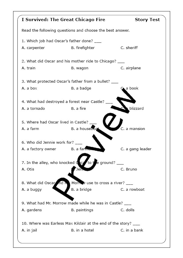 Lauren Tarshis "I Survived the Great Chicago Fire, 1871" worksheets ...