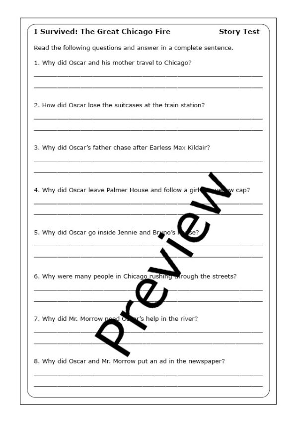 Lauren Tarshis "I Survived the Great Chicago Fire, 1871" worksheets ...