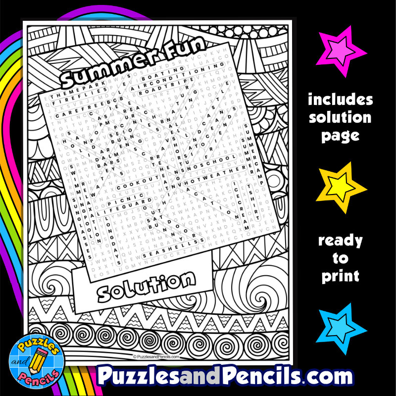 Summer Fun Word Search Puzzle with Coloring | Summer Wordsearch | Made ...