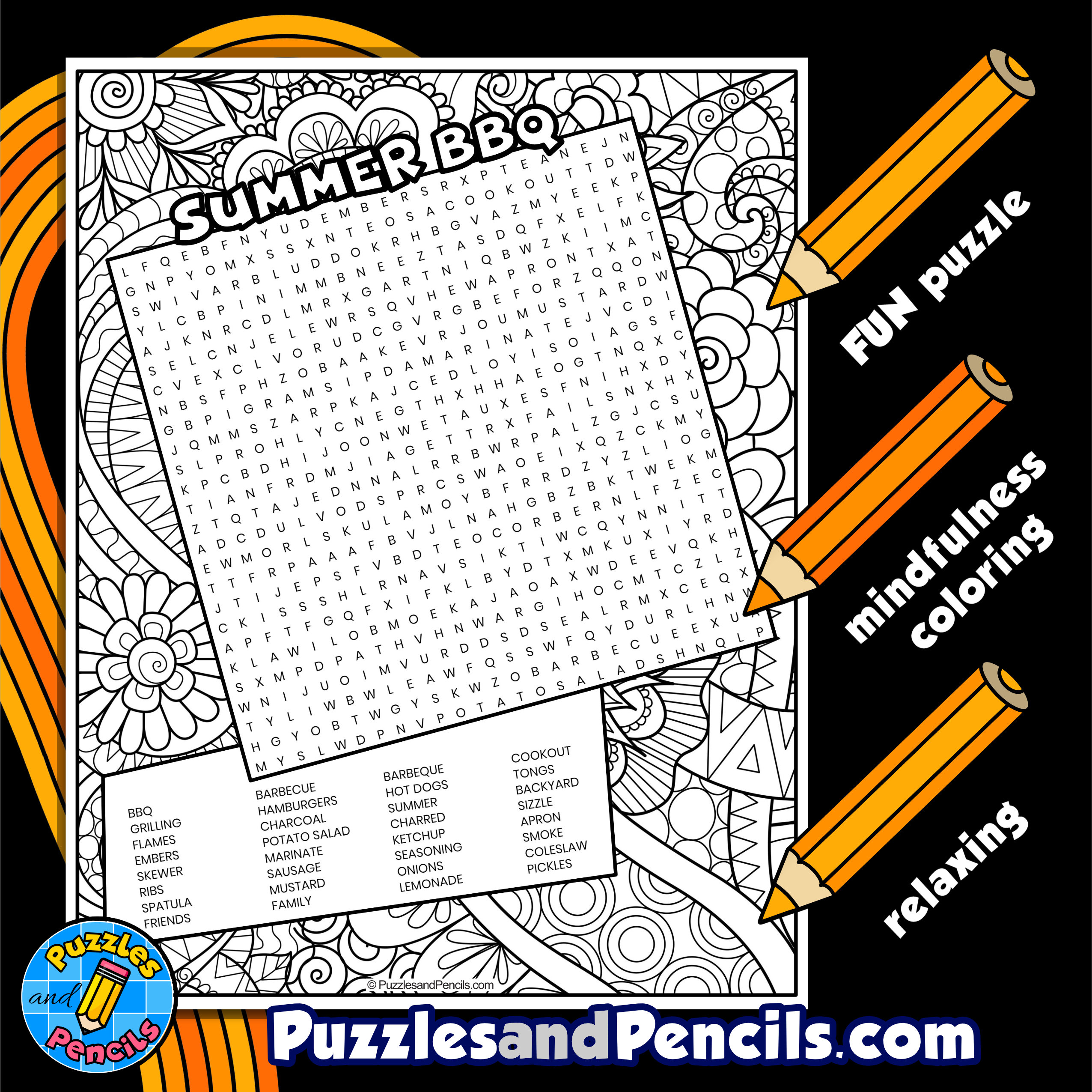Summer BBQ Word Search Puzzle with Coloring | Summer Wordsearch | Made ...