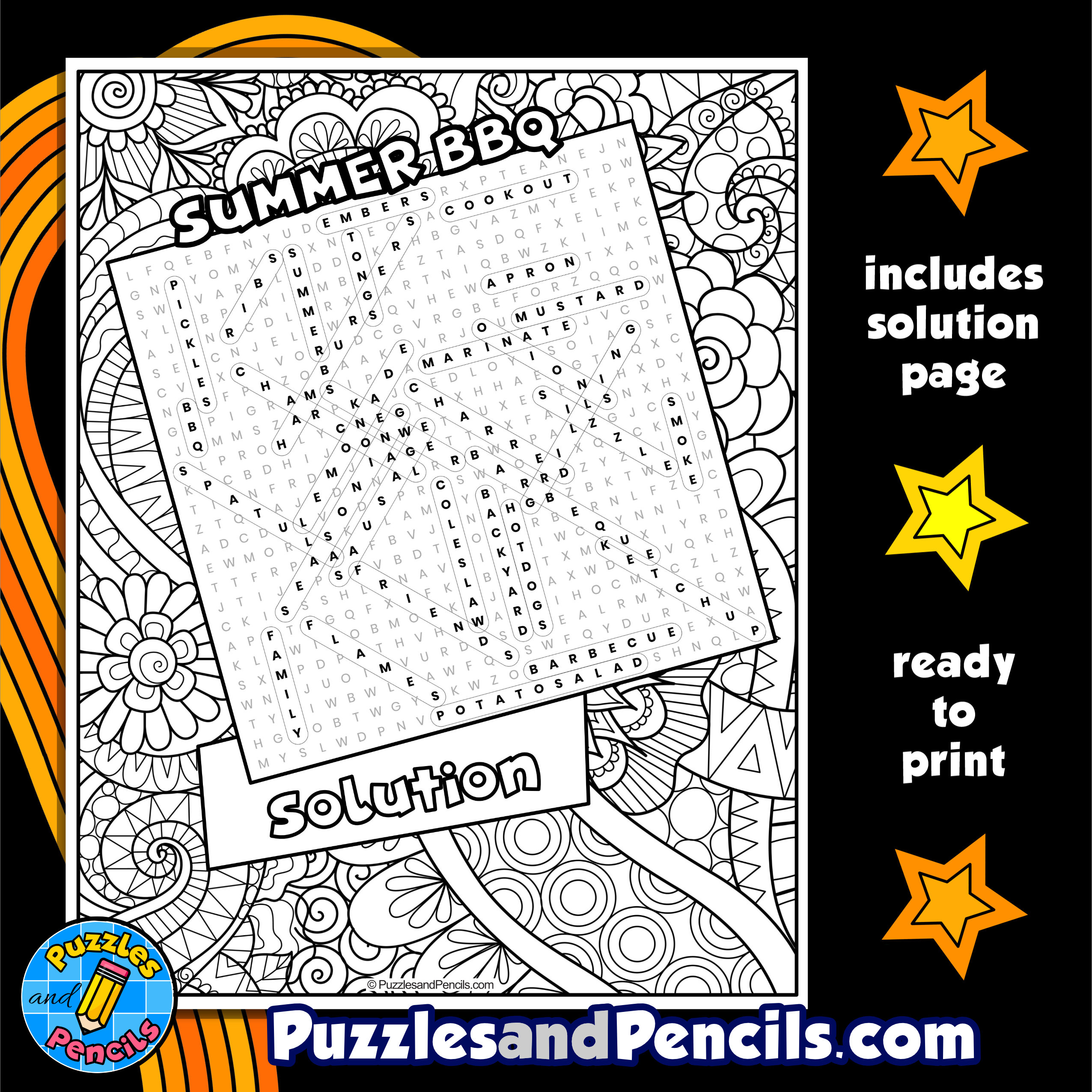 Summer BBQ Word Search Puzzle with Coloring | Summer Wordsearch | Made ...