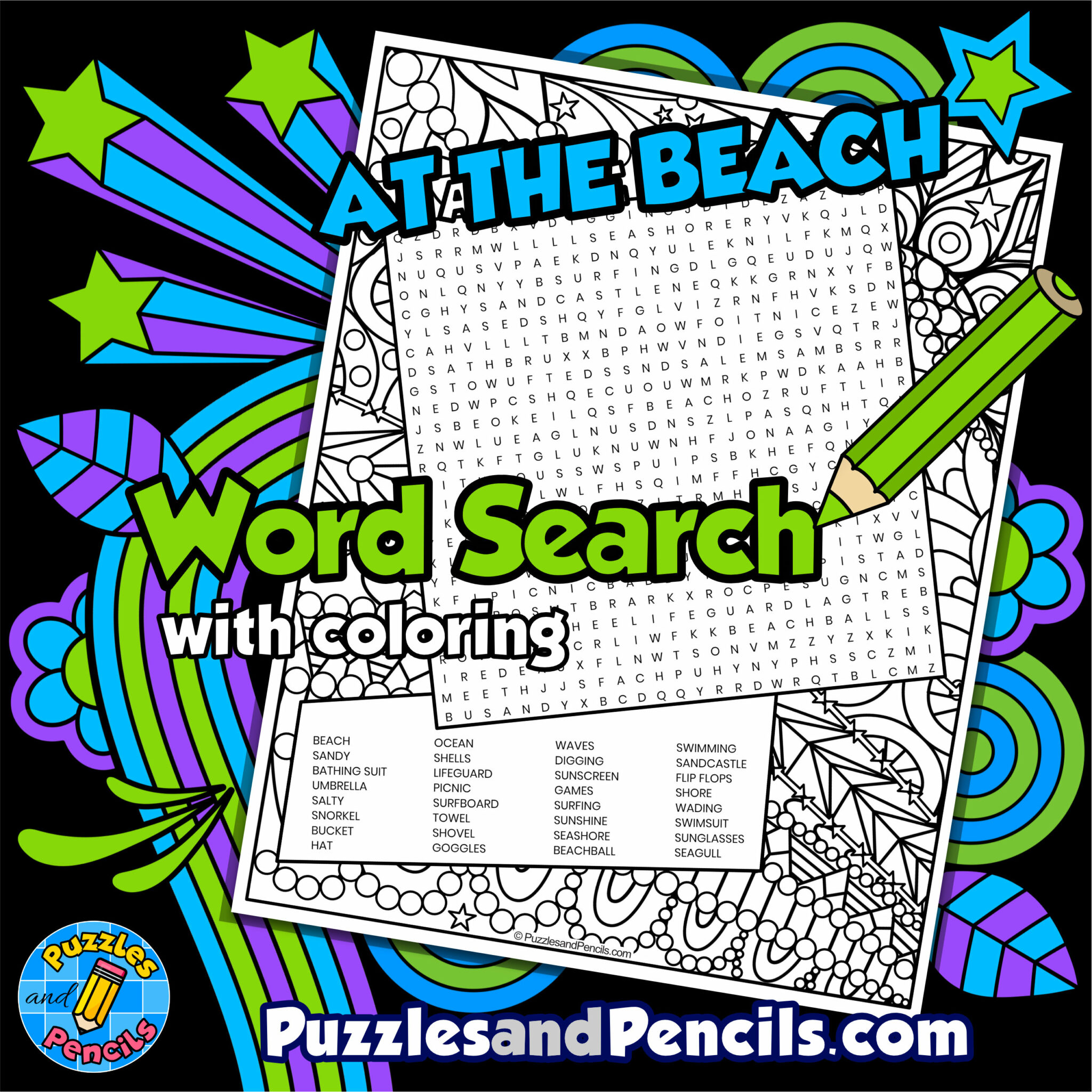 At the Beach Word Search Puzzle with Coloring | Summer Wordsearch ...
