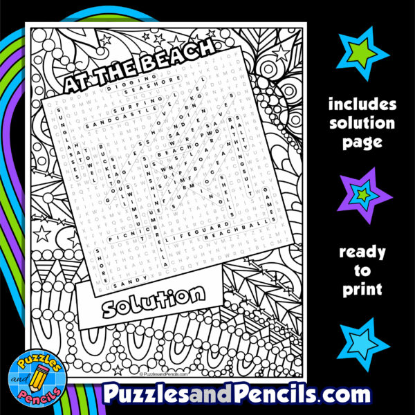 At the Beach Word Search Puzzle with Coloring | Summer Wordsearch ...