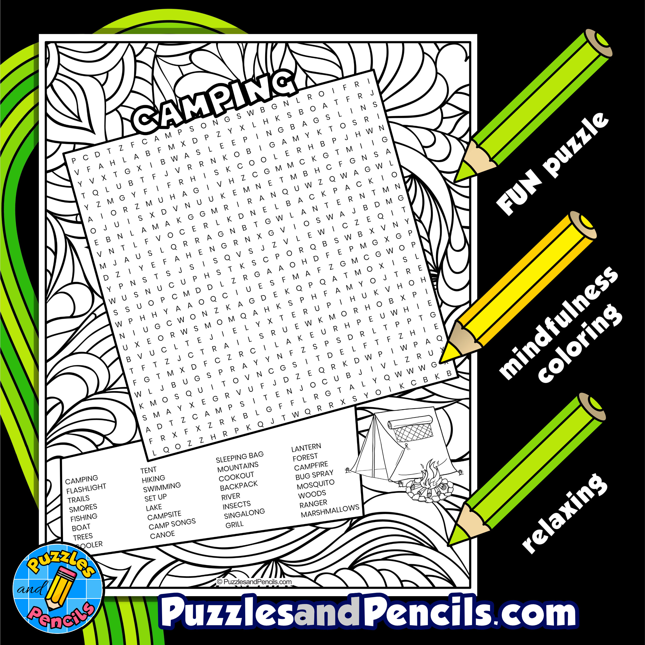 Camping Word Search Puzzle with Coloring | Summer Wordsearch | Made By ...