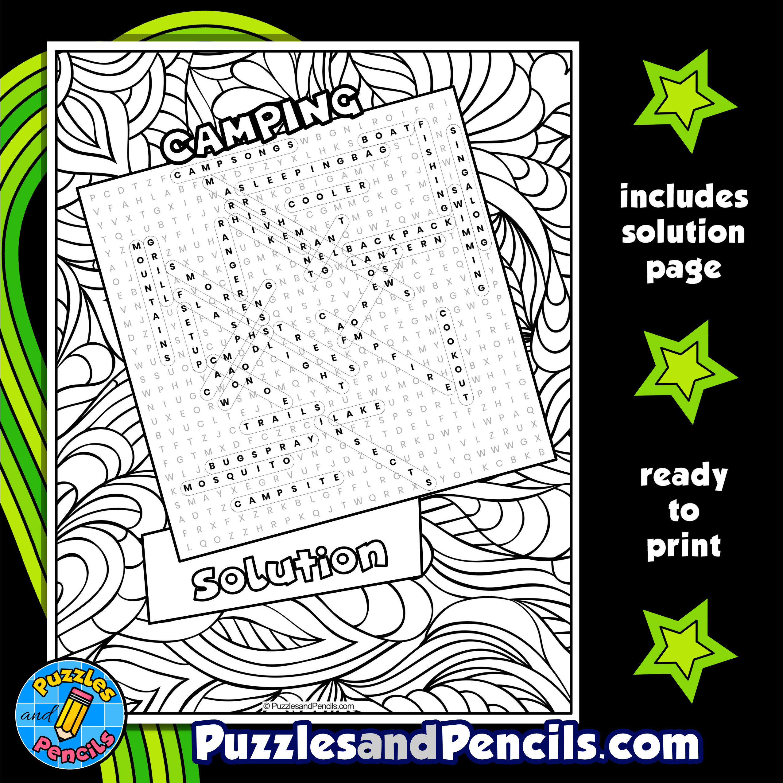 Camping Word Search Puzzle with Coloring | Summer Wordsearch | Made By ...