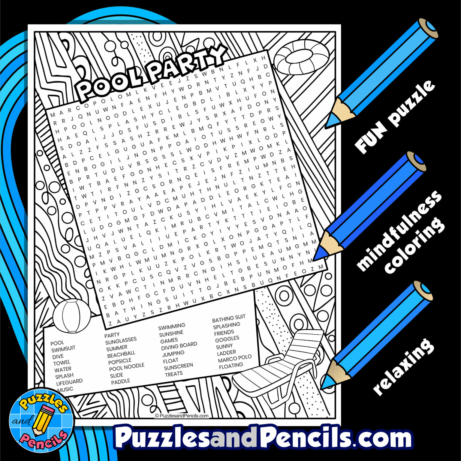 Pool Party Word Search Puzzle with Coloring | Summer Wordsearch | Made ...