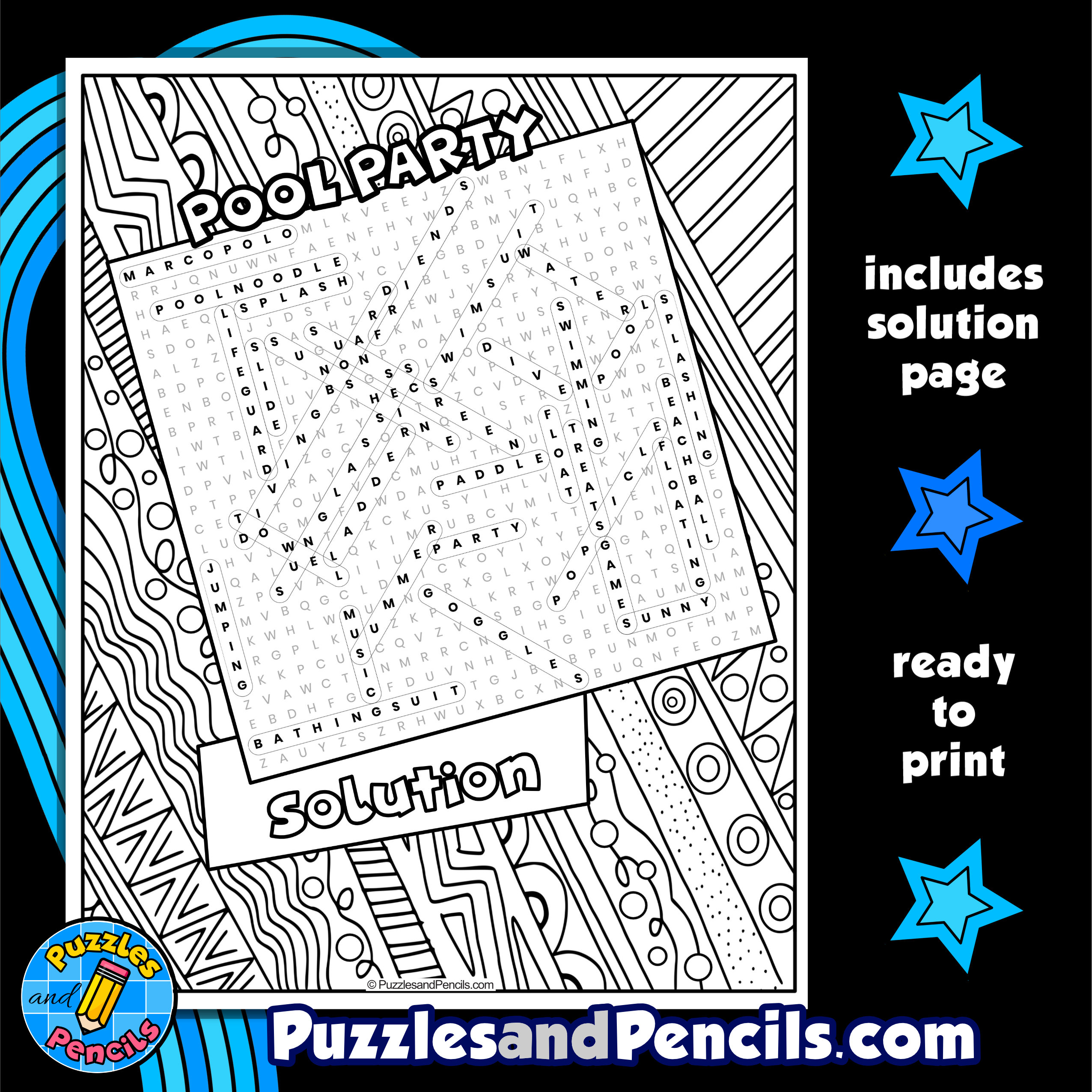 Pool Party Word Search Puzzle with Coloring | Summer Wordsearch | Made ...