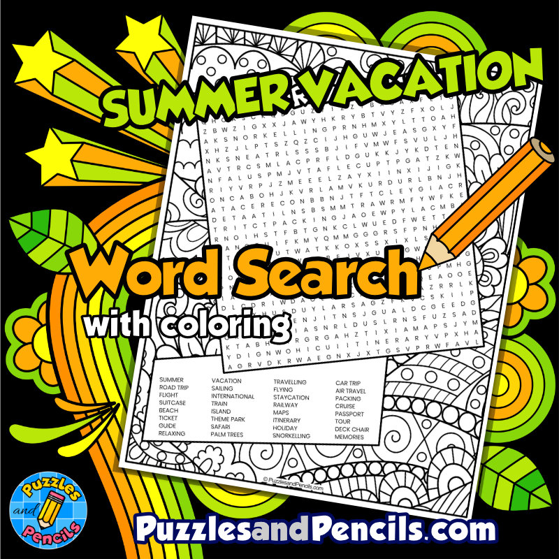 Summer Vacation Word Search Puzzle with Coloring | Summer Wordsearch ...