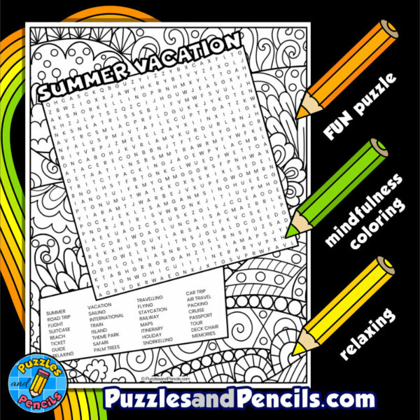 Summer Vacation Word Search Puzzle with Coloring | Summer Wordsearch ...