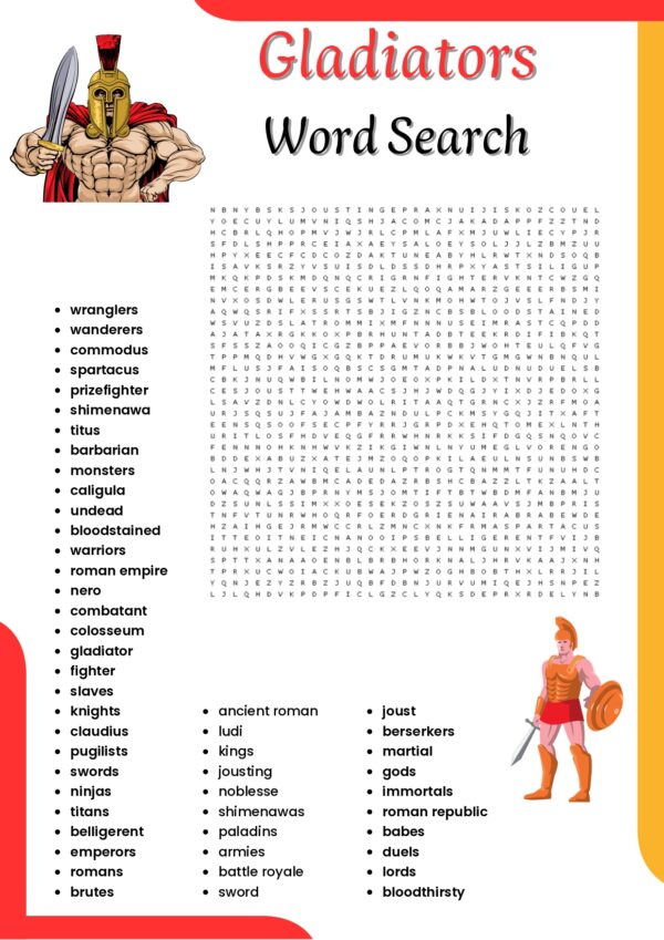 Gladiators word search Puzzle worksheet activities for kids,) | Made By ...