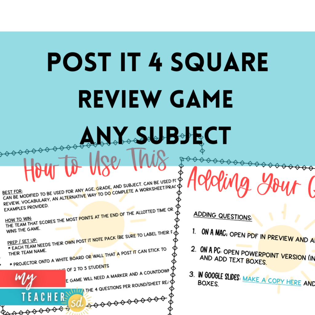 Post It 4 Square Review Game (Elementary, Middle, & High School Level ...
