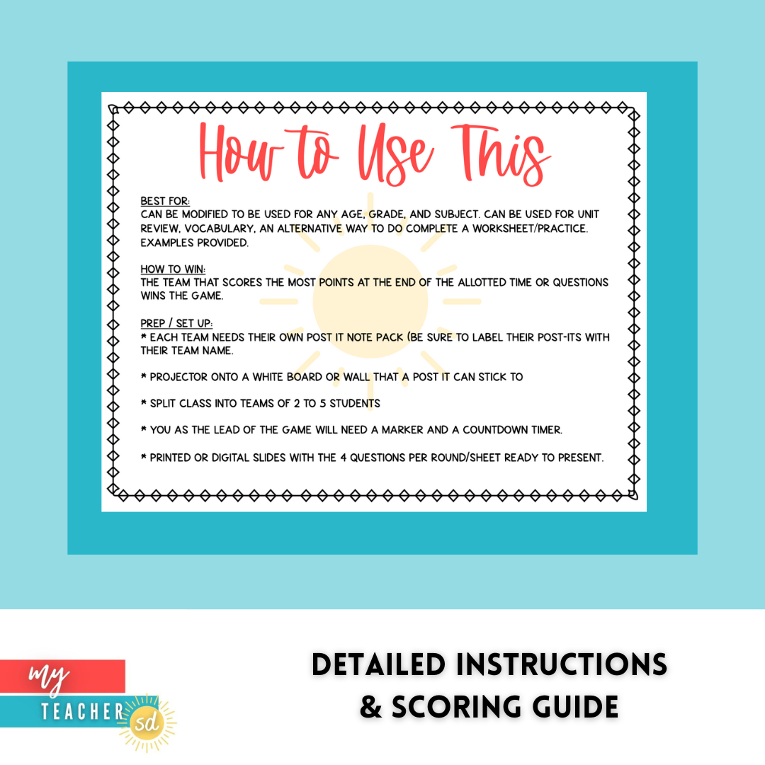 Post It 4 Square Review Game (Elementary, Middle, & High School Level ...